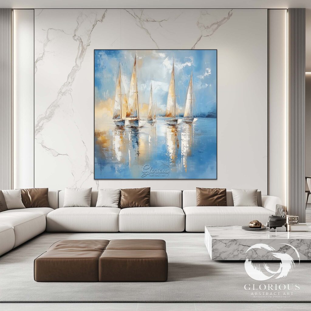 Large Abstract Sailboat Painting, Modern Coastal Art in Blue and Gold ...