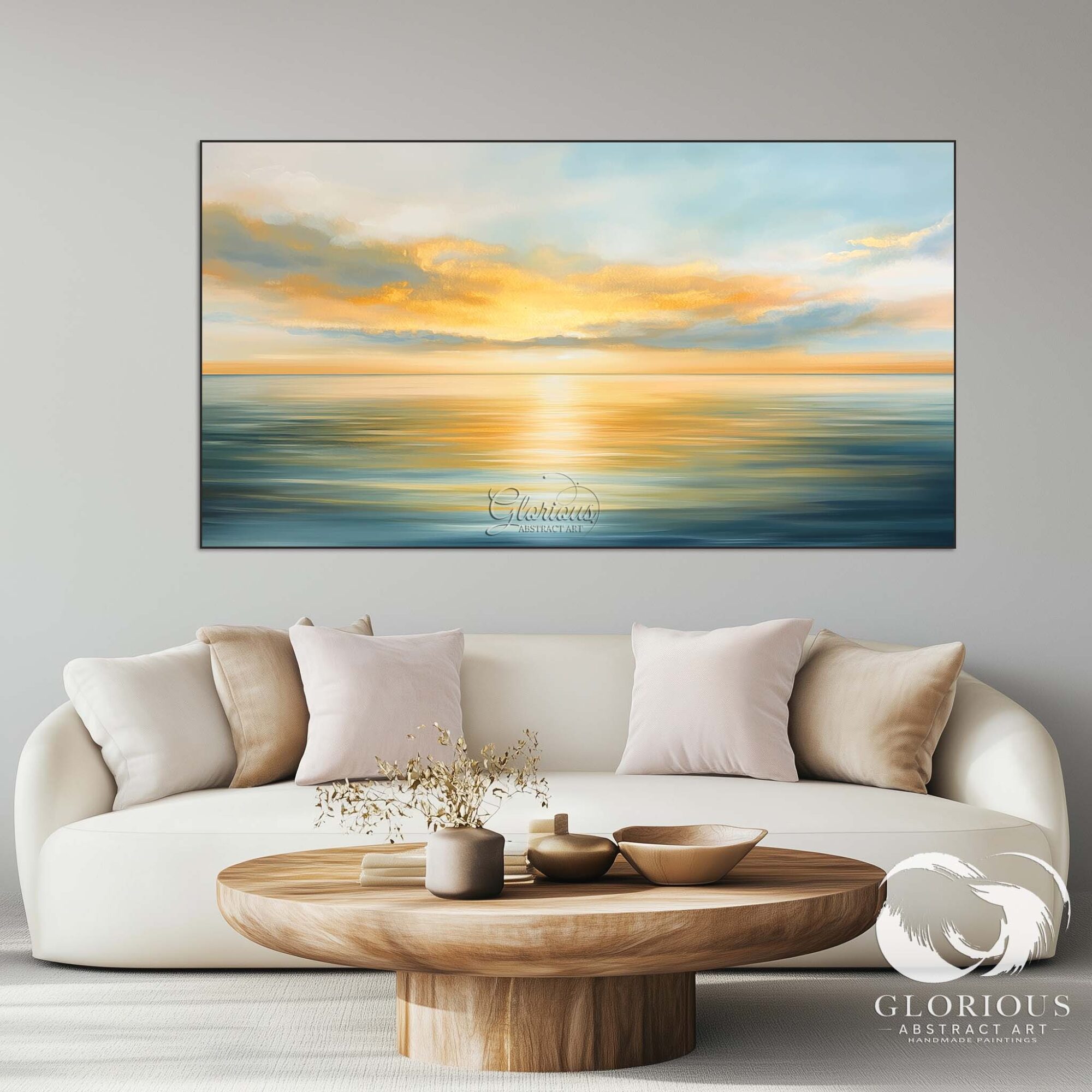 Abstract Seascape Painting with Sunrise, Textured Modern Art